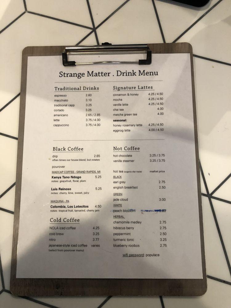 Menu at Strange Matter Coffee restaurant, Lansing, E Michigan Ave #103