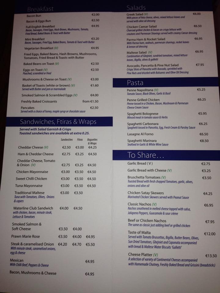 Menu at Waterline pub & bar, Marsaskala