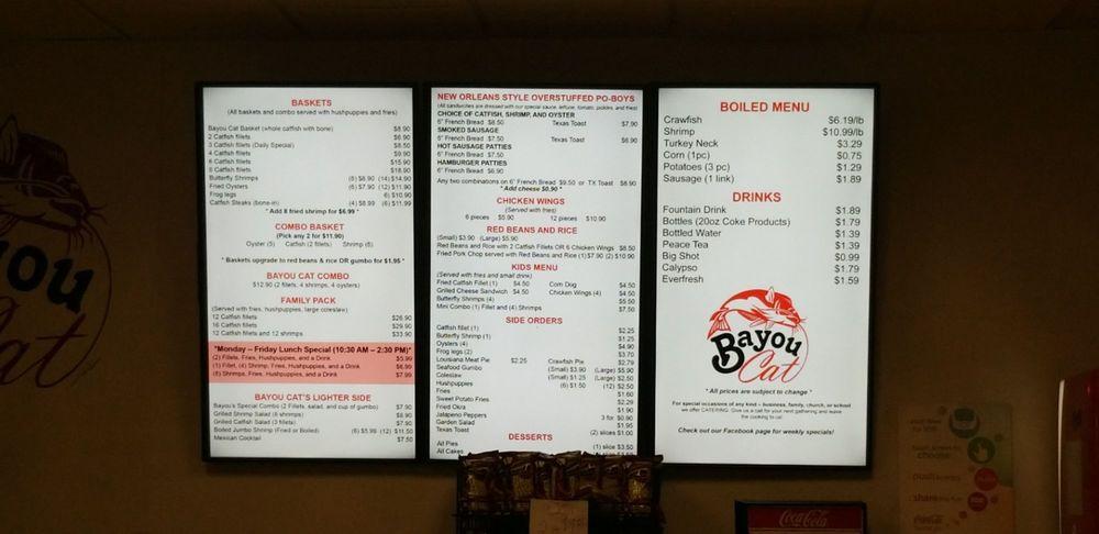 Menu at Bayou Cat restaurant, Arlington