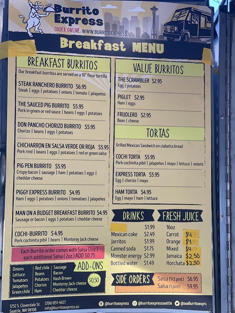 Menu at Burrito Express restaurant, Seattle, S Cloverdale St