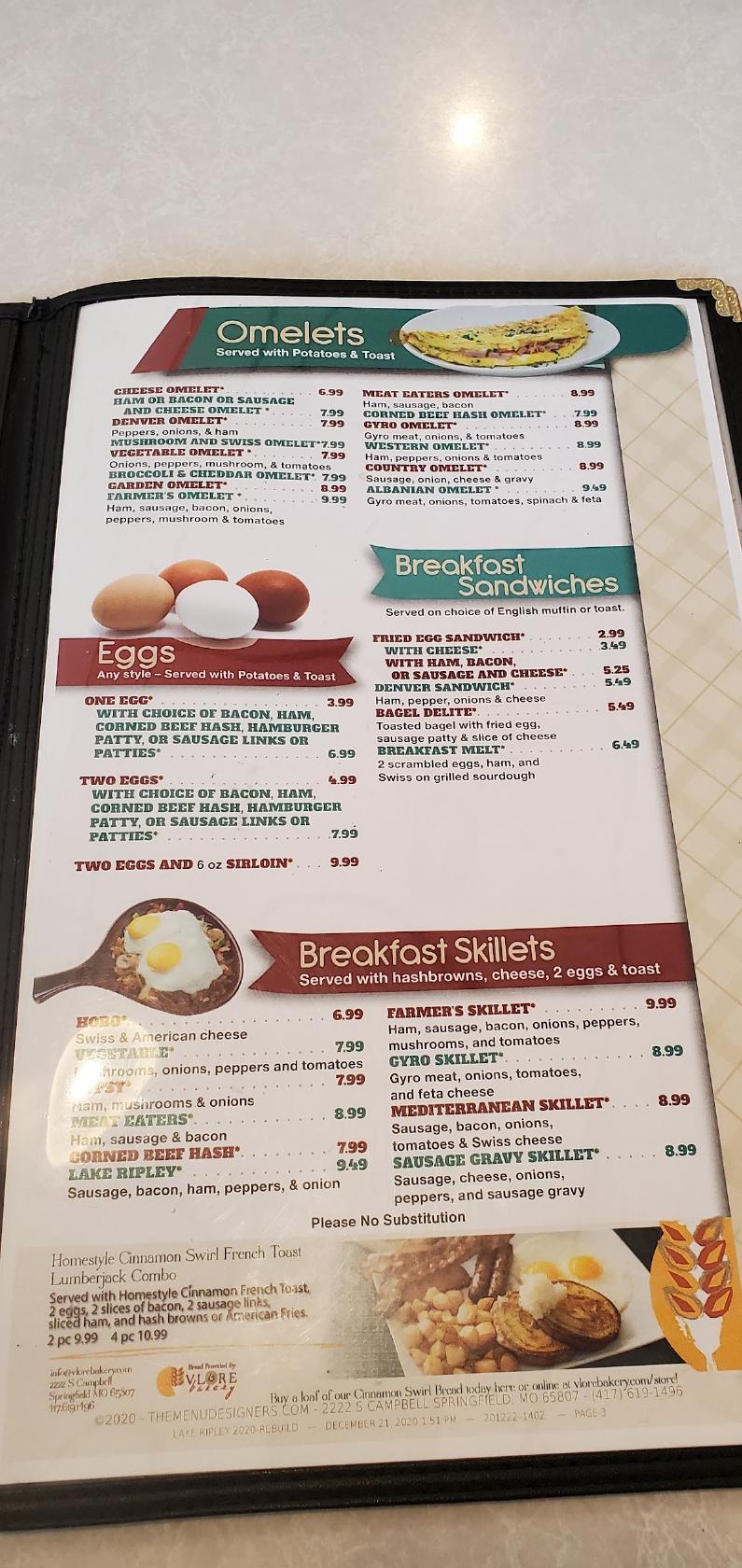 Menu at Lake Ripley Family Restaurant, Cambridge