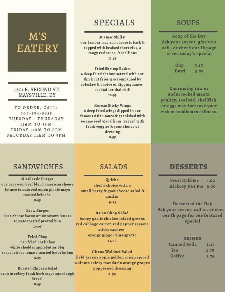 Menu at M's Eatery restaurant, Maysville