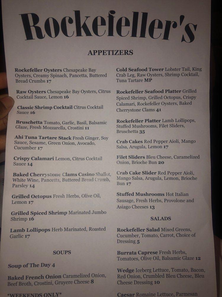 Menu at Rockefeller's steakhouse, Oak Lawn