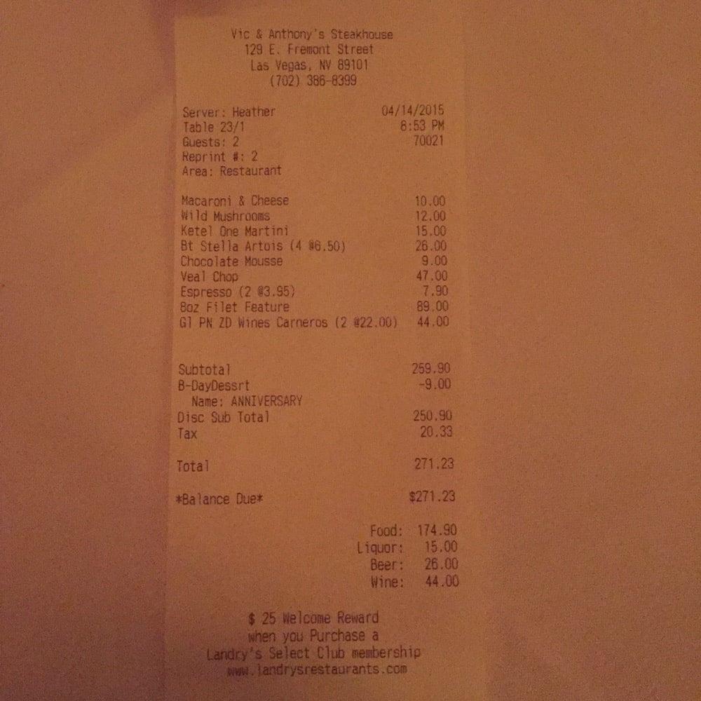 Menu at Vic & Anthony's Steakhouse, Las Vegas