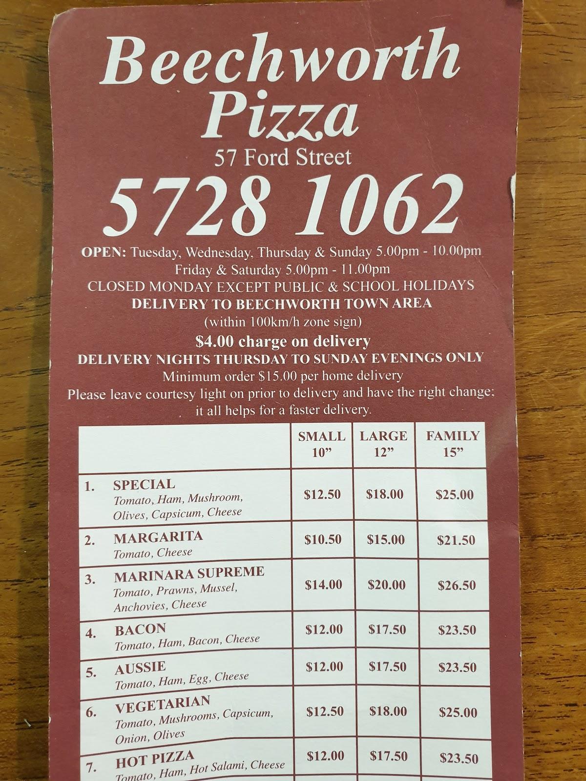 Menu at Beechworth Pizza & Takeaway pizzeria, Beechworth