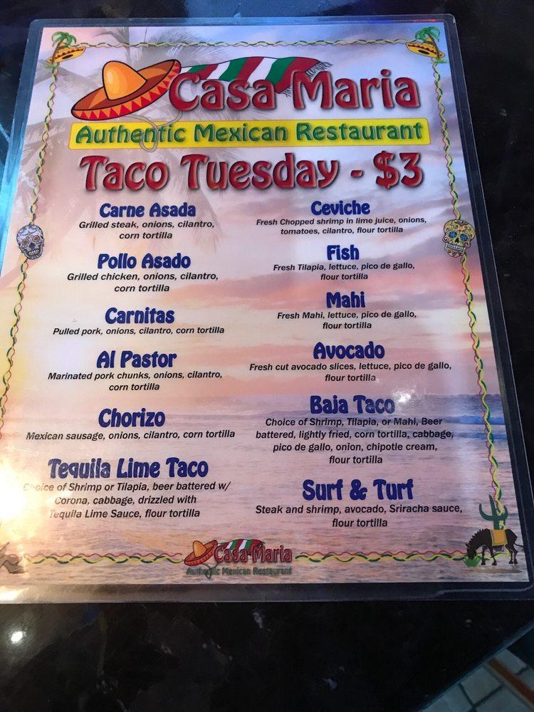 Menu at Casa Maria restaurant, Jacksonville Beach, 3rd St S
