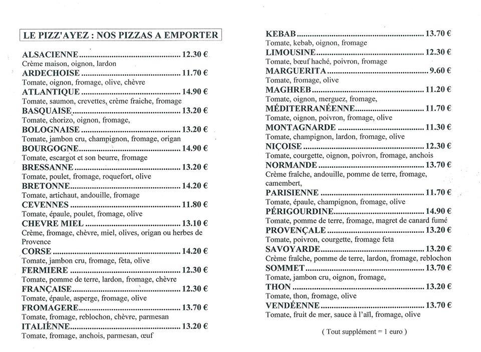 Menu at Le Pizz'Ayez pizzeria, Fillinges, Findrol