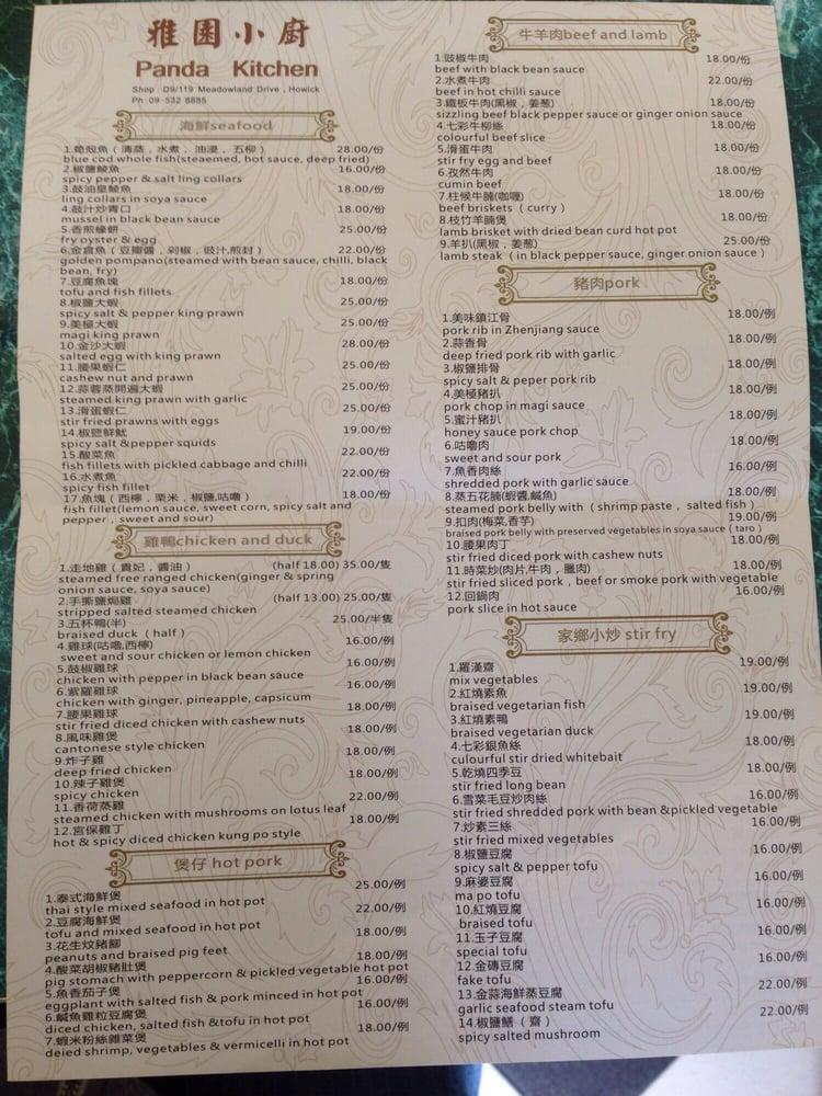 Menu at Panda Kitchen restaurant, Auckland, D9/119 Meadowland Dr