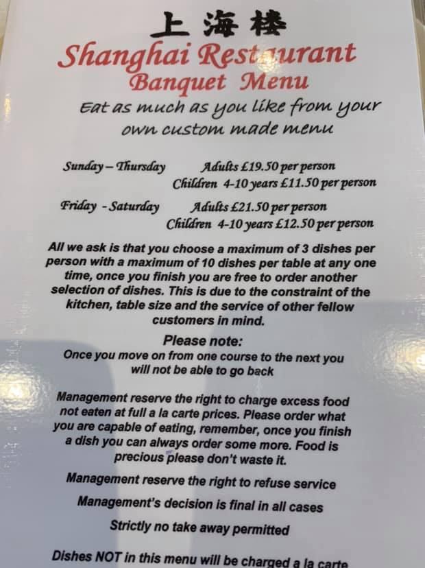 Menu at Shanghai Restaurant, Gloucester