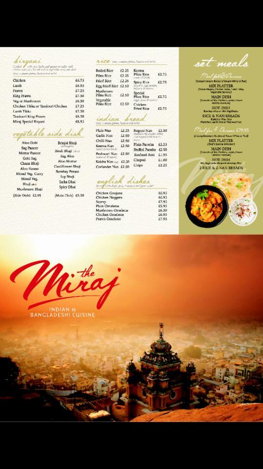 Menu at The Miraj restaurant, Walsall
