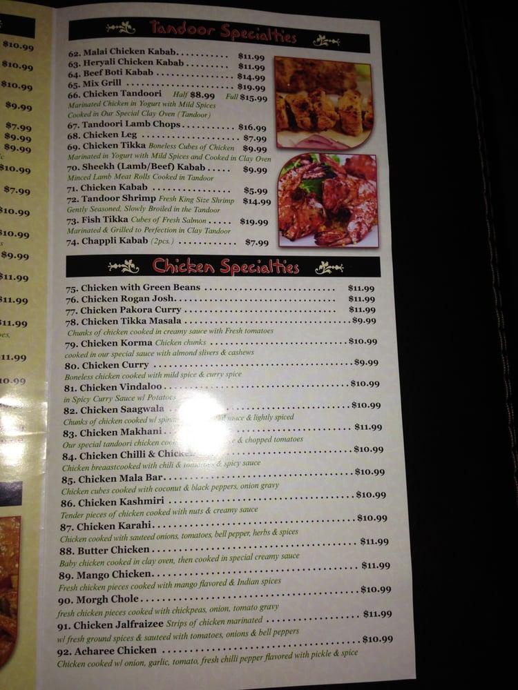 Menu at Zaika Pakistani restaurant, Philadelphia