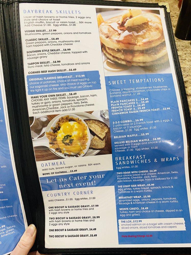 Menu at Daybreak Cafe, Tarpon Springs
