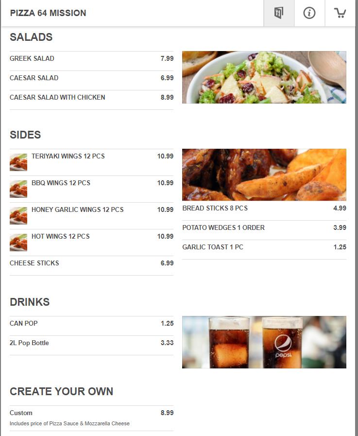 Menu at Pizza 64 pizzeria, Mission