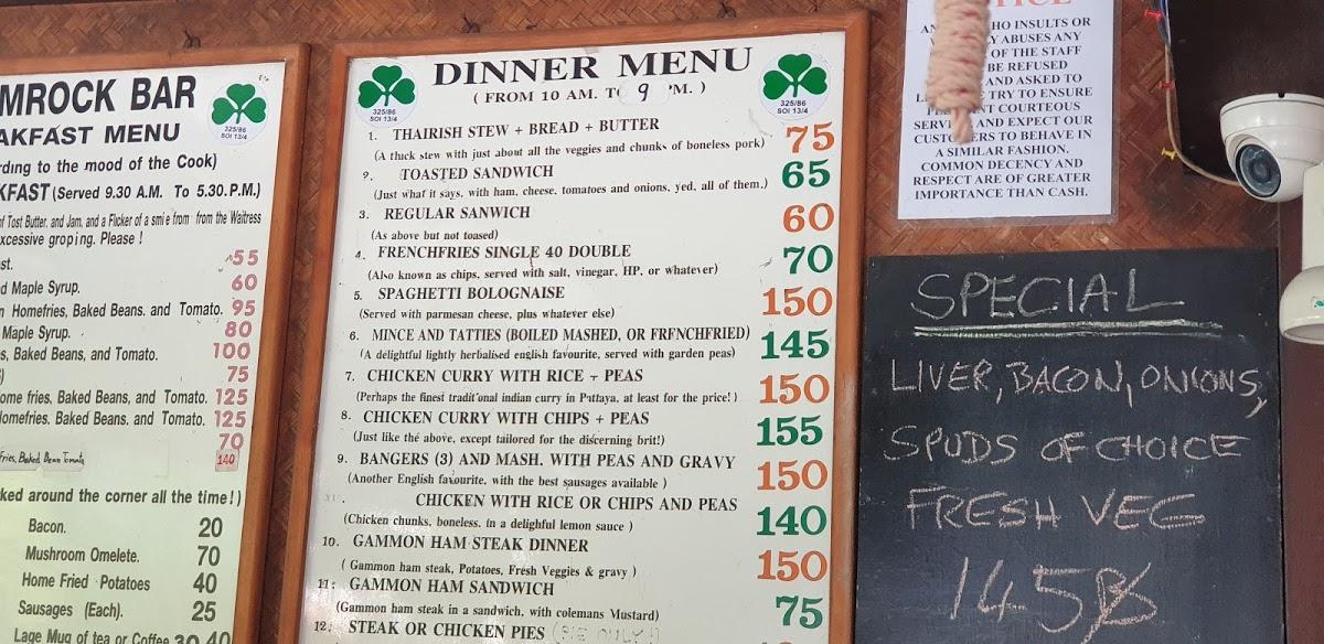 Menu at The Shamrock Bar, Pattaya City, Pattaya 13/4 Alley