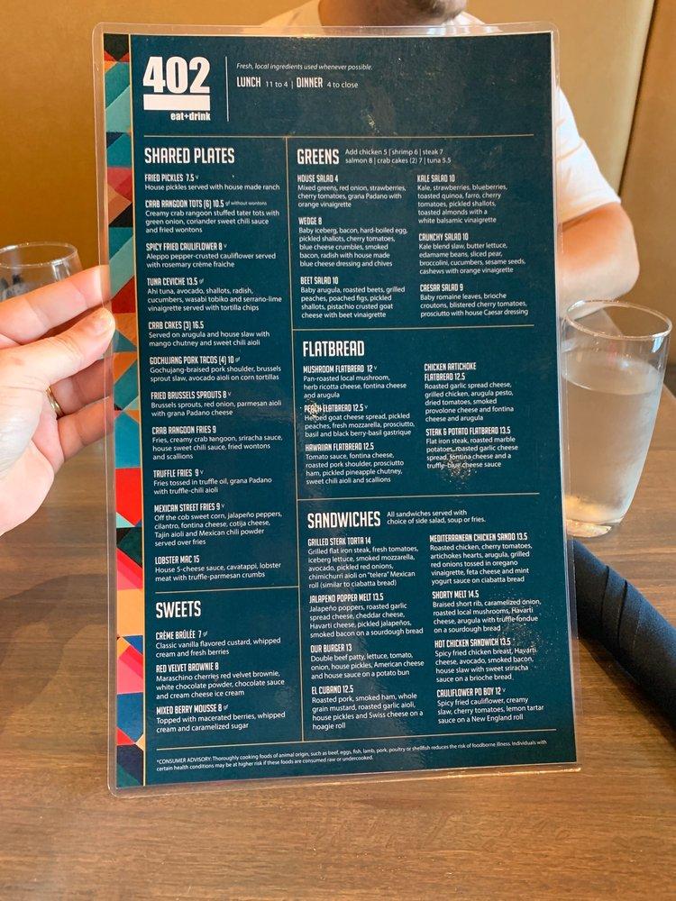Menu at 402 Eat + Drink pub & bar, Omaha