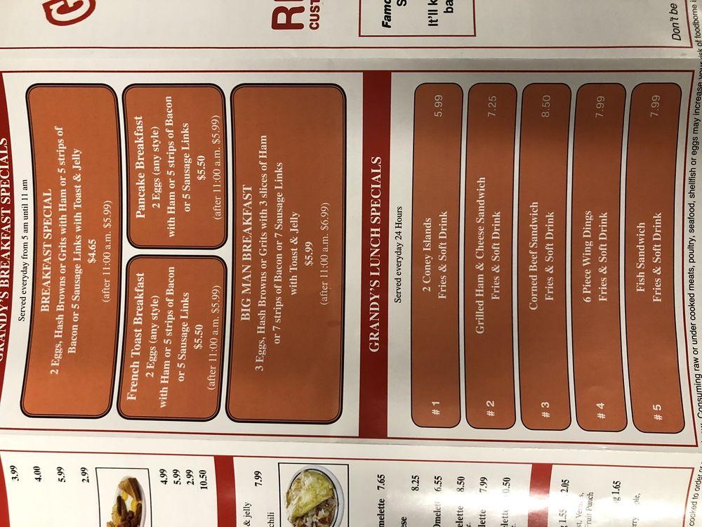 Menu at Grandy's Coney Island fast food, Detroit, Holbrook Ave
