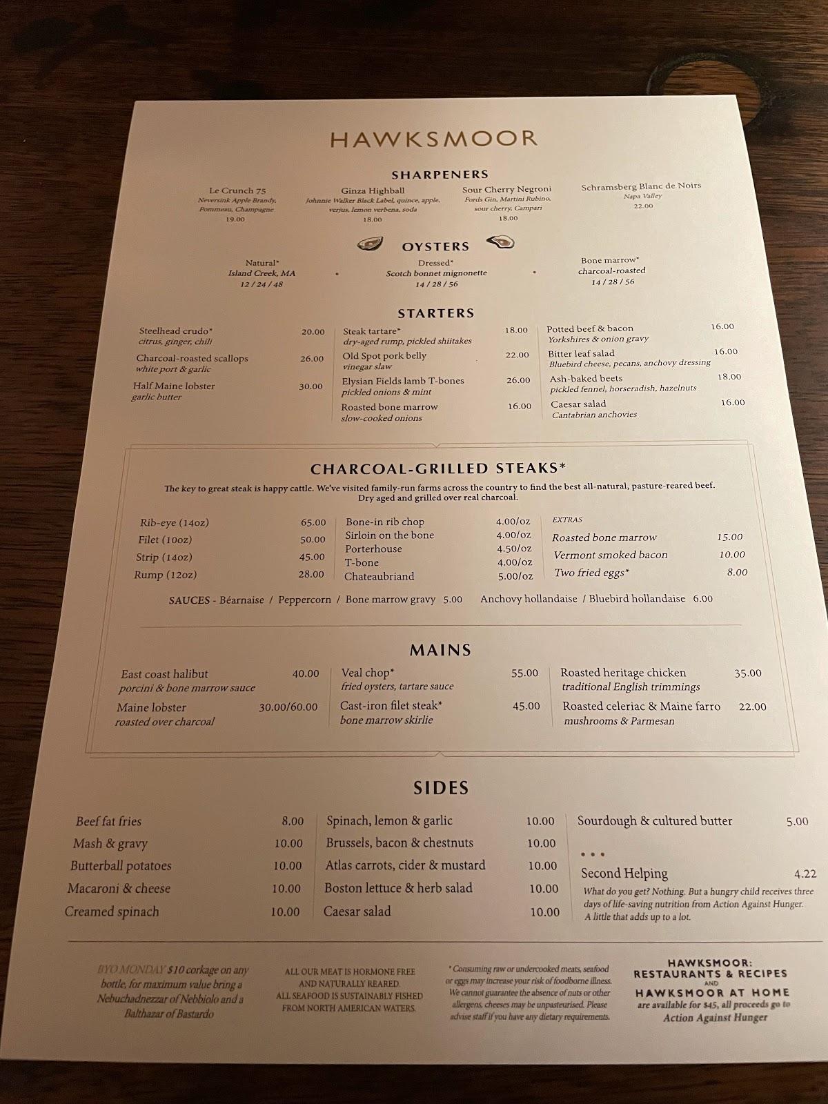 Menu at Hawksmoor NYC steakhouse, New York City