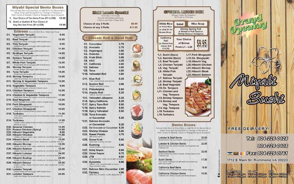Menu at Miyabi Sushi restaurant, Richmond