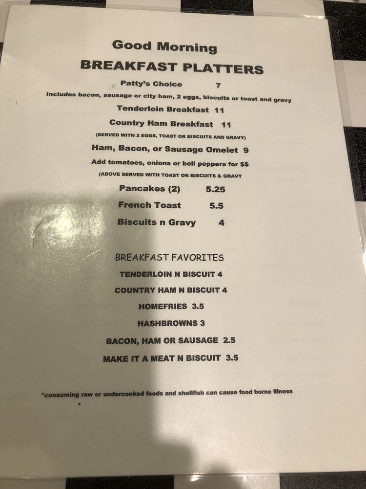 Menu at Patty's Restaurant, Parkers Crossroads