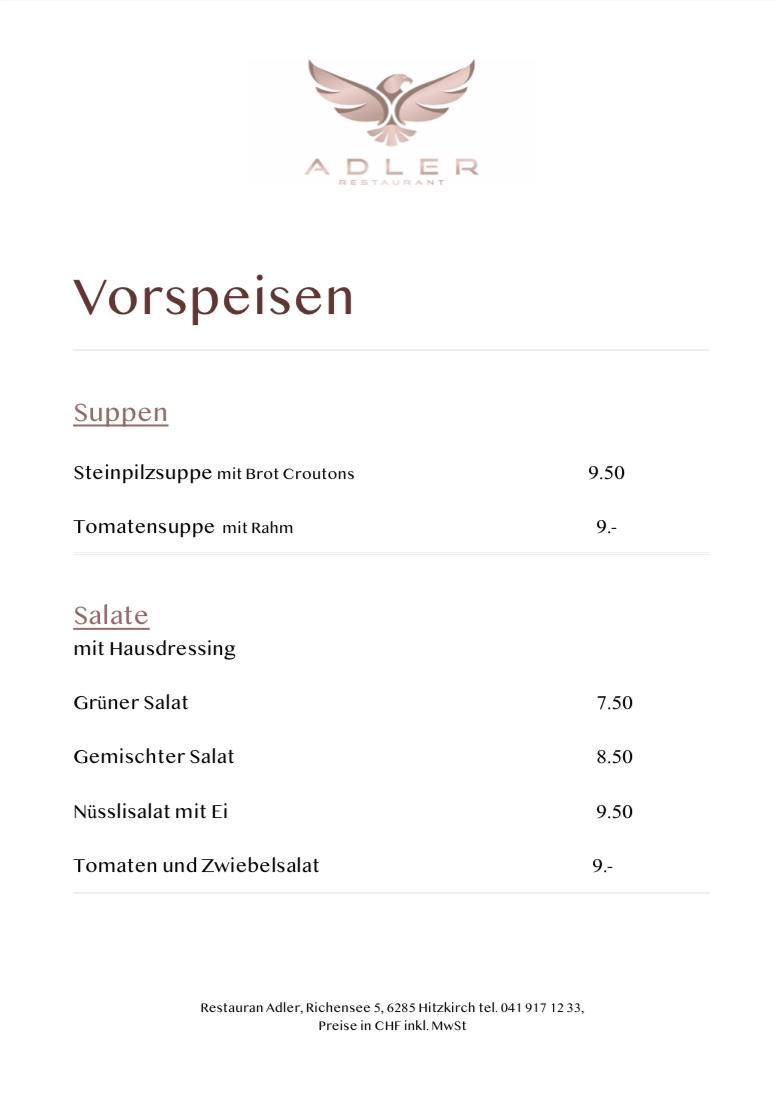 Speisekarte von Restaurant Adler, Hitzkirch