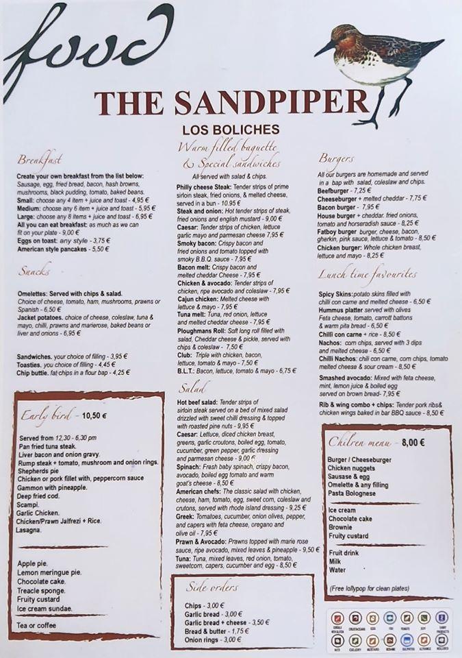 Menu at Sandpiper restaurant, Fuengirola, P.º Marítimo Rey de España