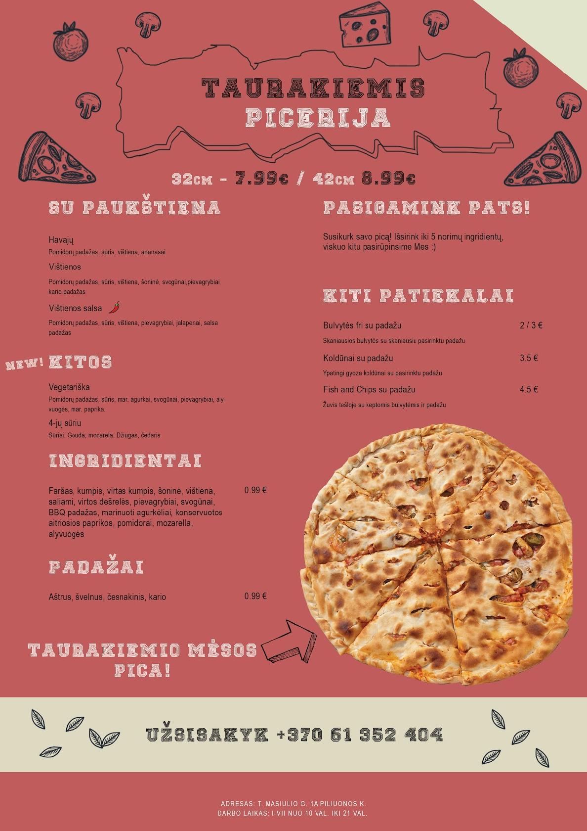 Menu at Taurakiemis picerija / parduotuvė restaurant, Piliuona