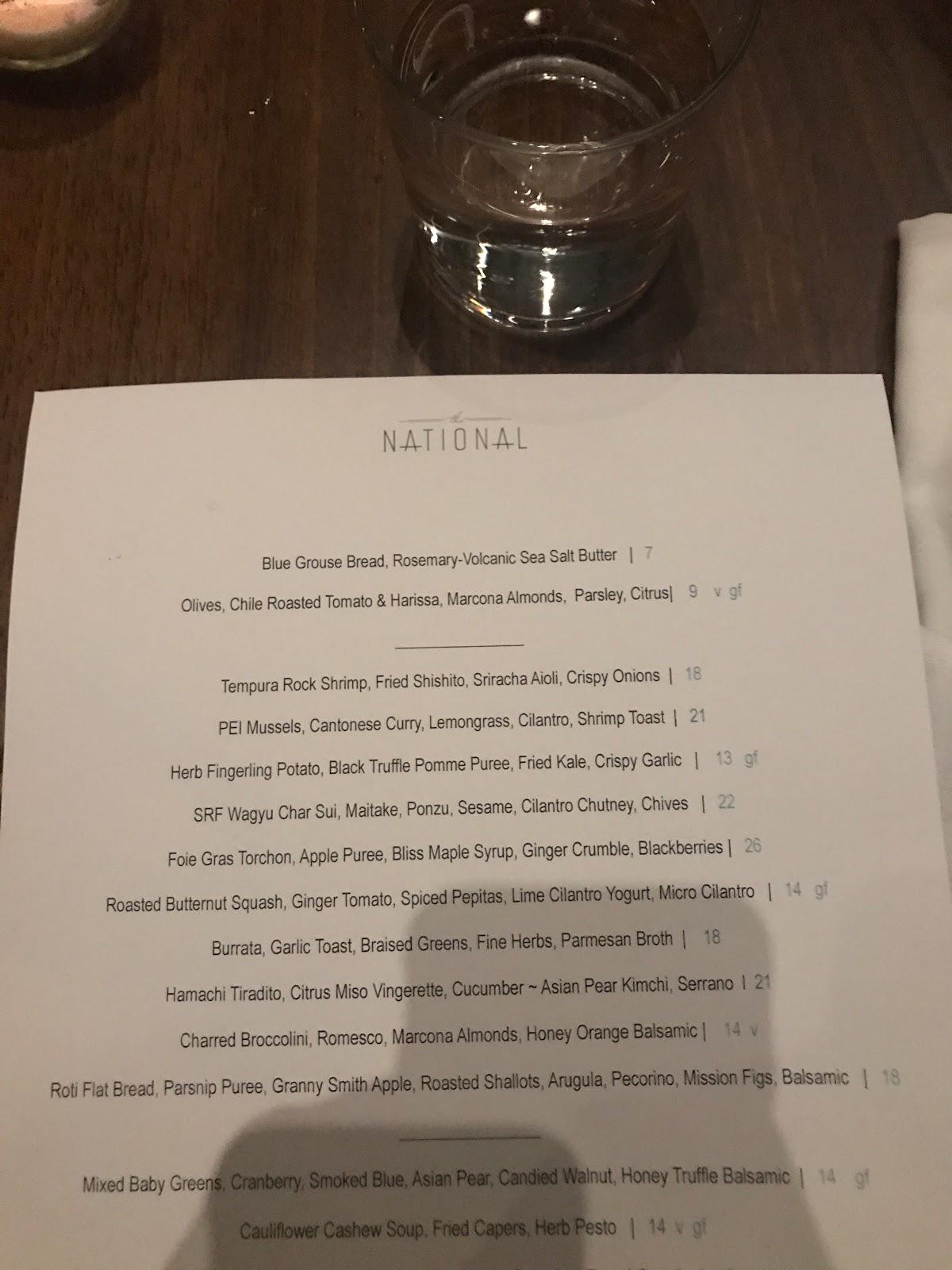 Menu at The National restaurant, Telluride