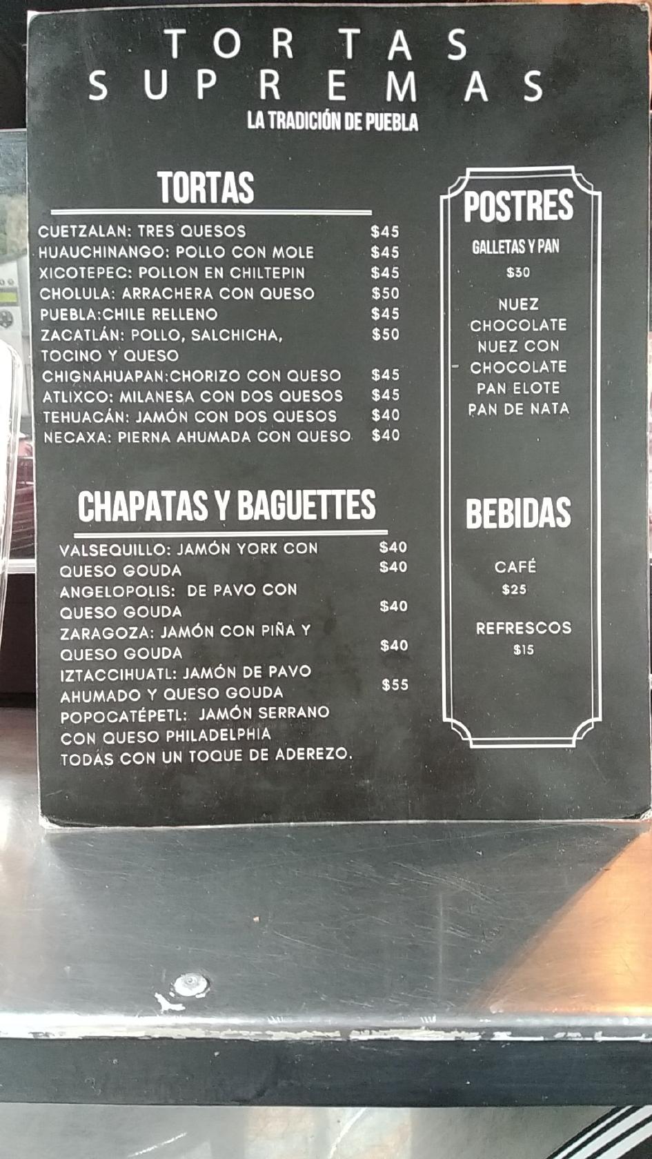 Menu at Tortas Supremas la tradición de Puebla cafe, Ciudad López Mateos