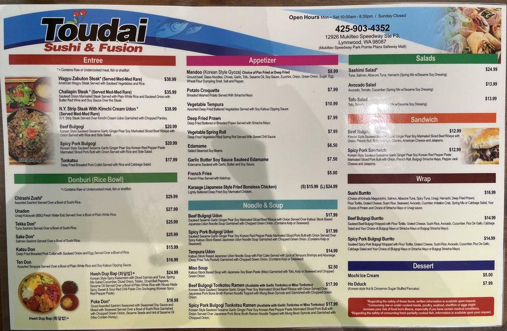 Menu at Toudai Sushi & Fusion restaurant, Lynnwood