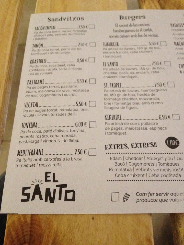 Menu at El Santo restaurant, Sitges