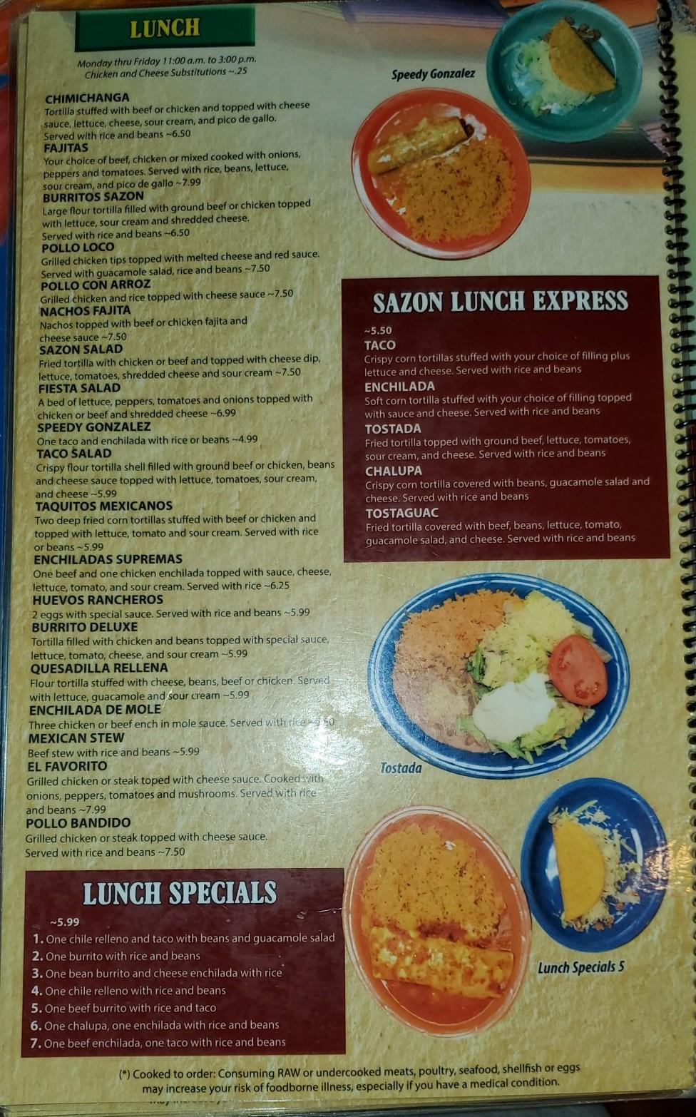Menu at El Sazon restaurant, Cumberland