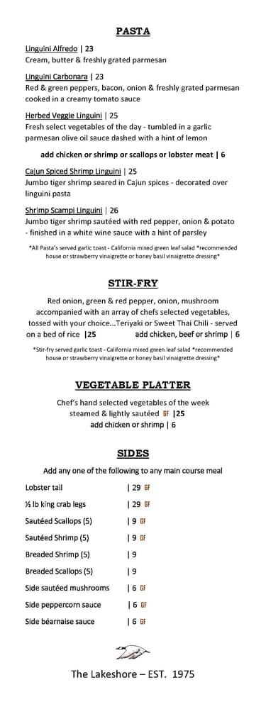 Menu at Lakeshore Restaurant, Regina