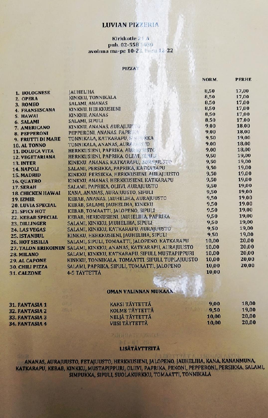 Menu at Luvian pizzeria, Finland, Kirkkotie 21