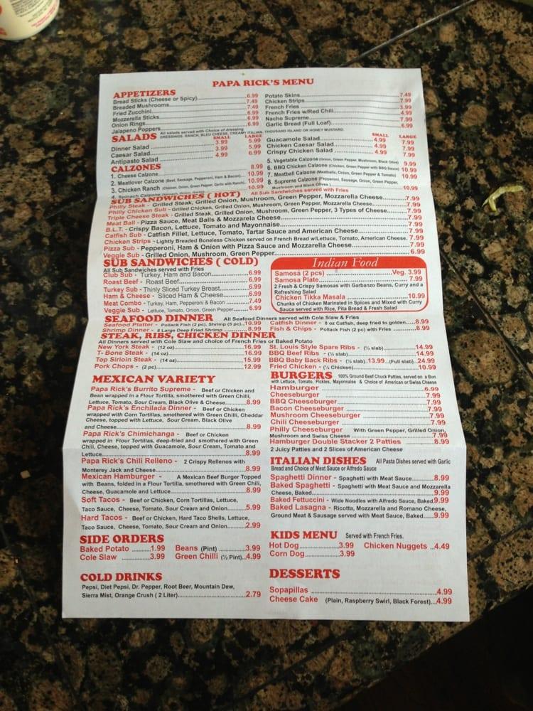 Menu at Papa Rick's Pizza pizzeria, Aurora, S Parker Rd