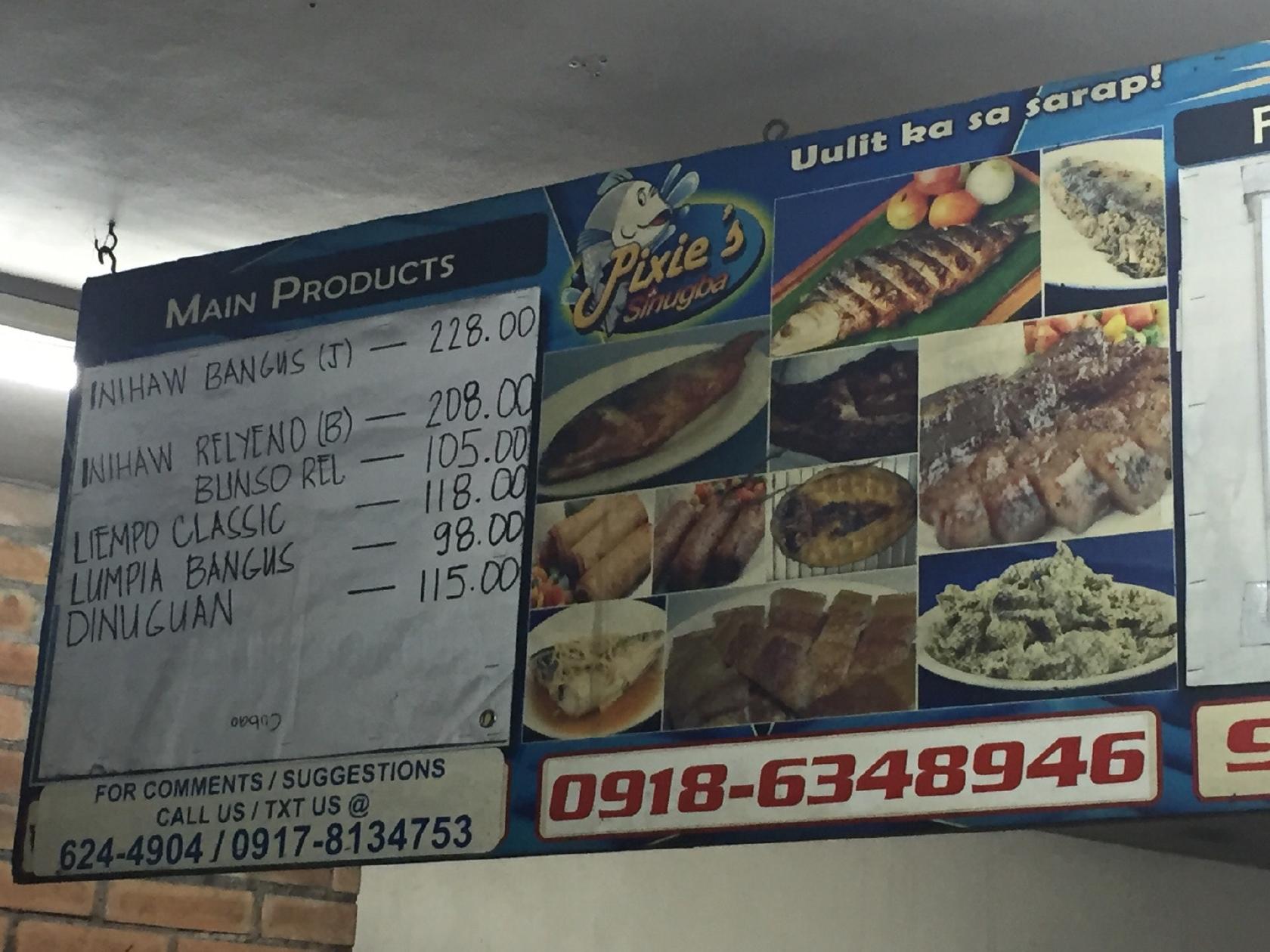 Menu at Pixie's Sinugba restaurant, Quezon City, 98 20th Ave