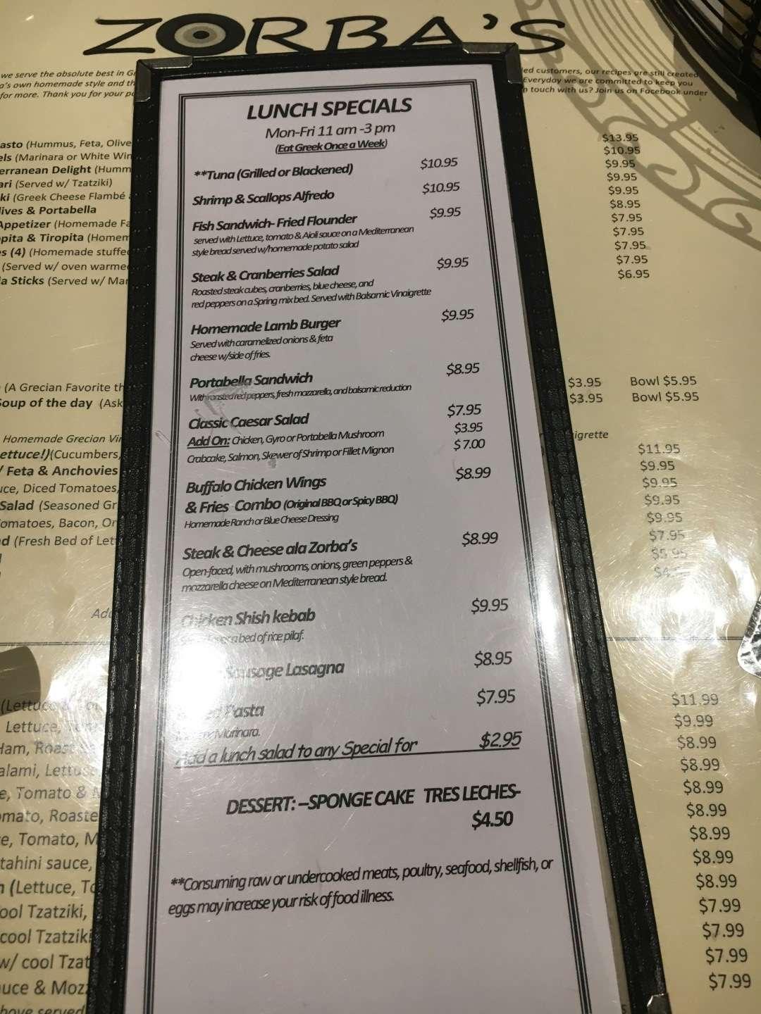 Menu at Zorbas Greek Italian Cuisine restaurant, Laurel