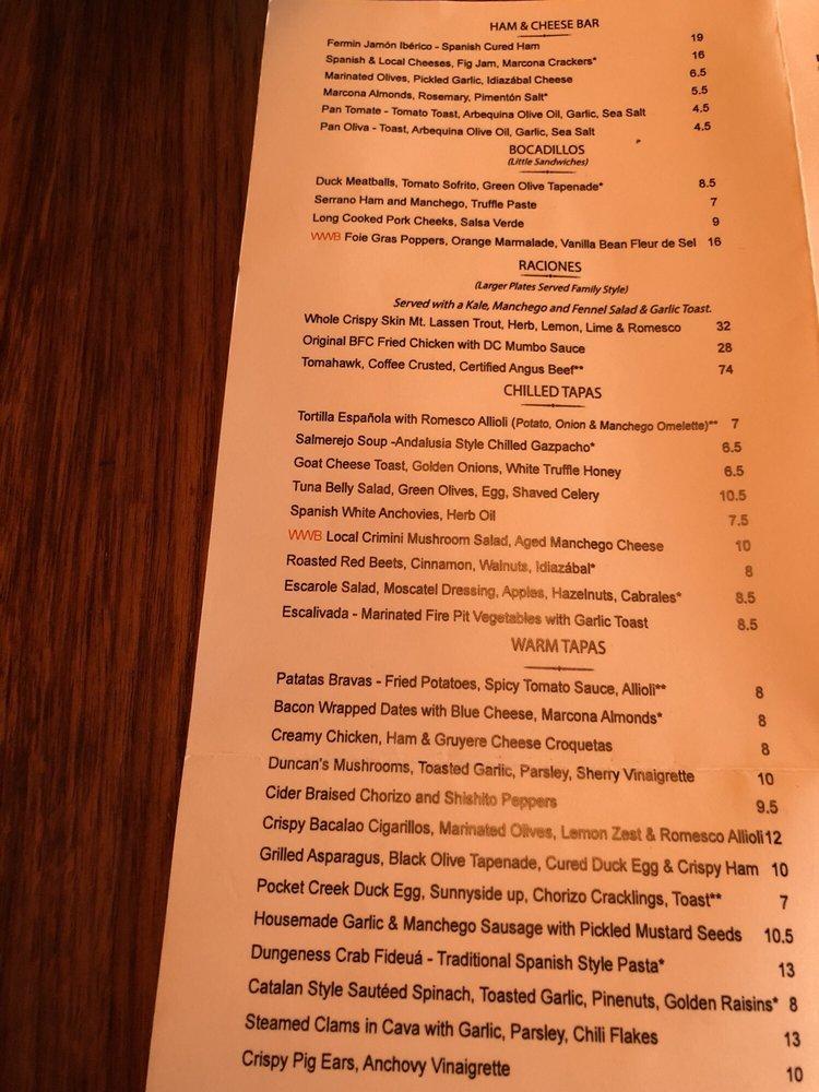 Menu at Bravas Bar de Tapas, Healdsburg