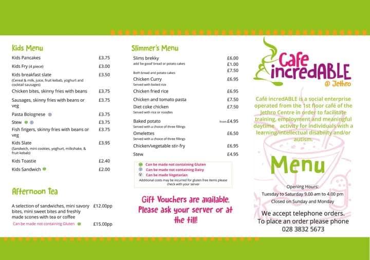 Menu at Cafe IncredABLE @ Jethro, Lurgan