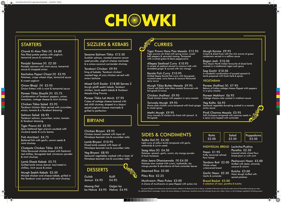Menu at Chowki restaurant, Hull