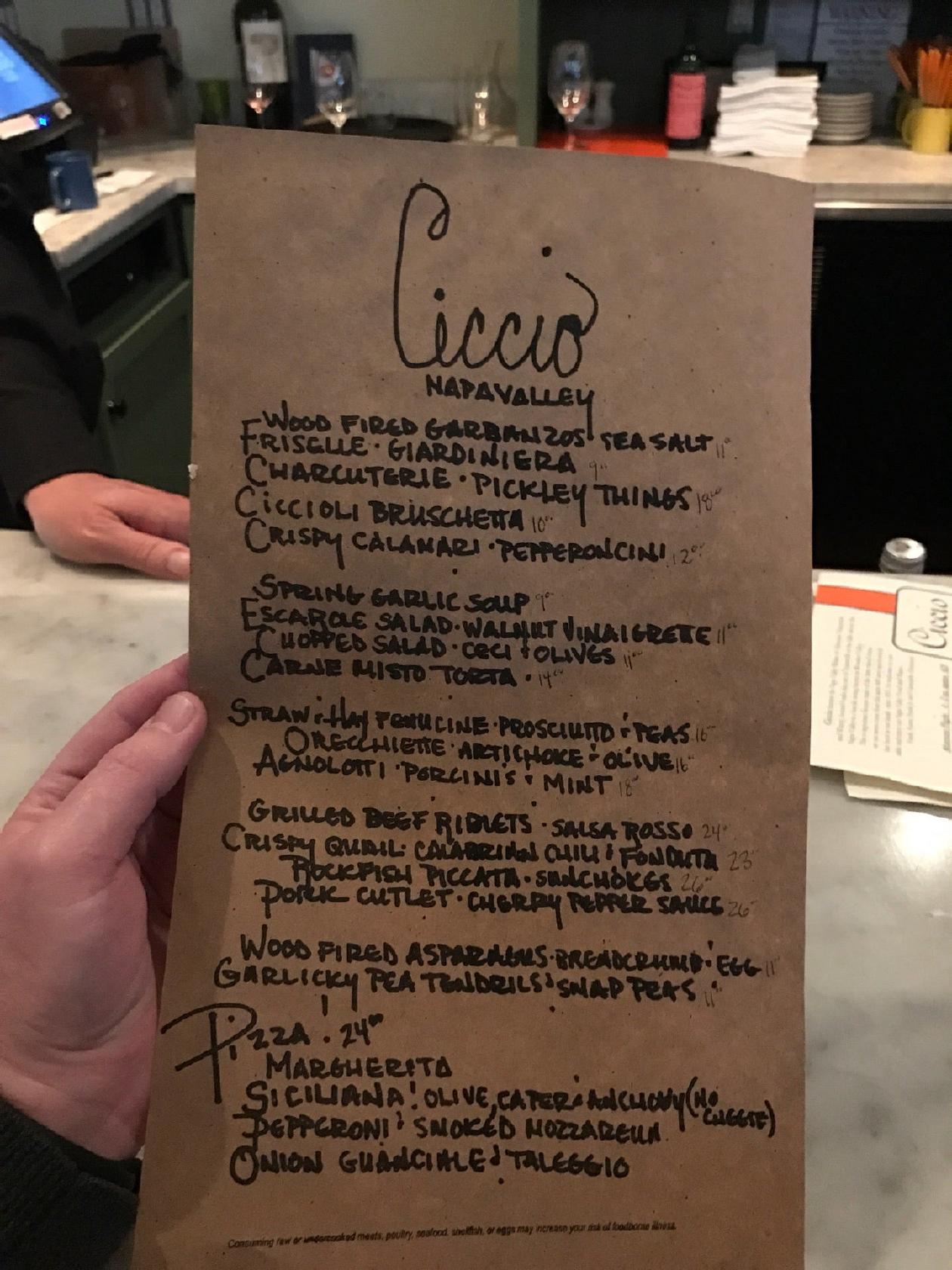 Carta de pizzería Ciccio, Yountville