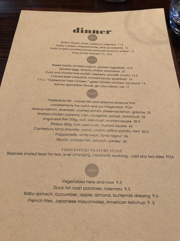 Menu at Fiddlesticks Restaurant and Bar, Christchurch