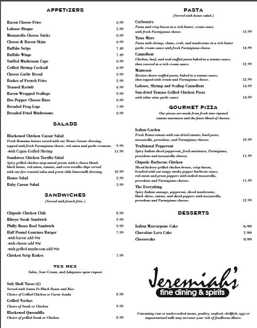 Menu at Jeremiah's Restaurant & Lounge, Sikeston