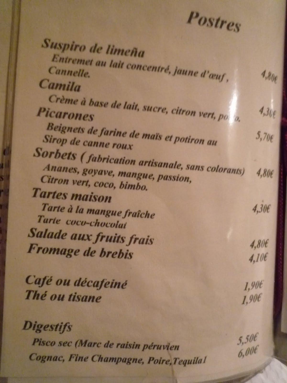 Menu au Machu Picchu restaurant, Paris
