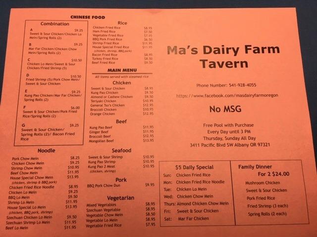 Menu at Ma’s Dairy Farm pub & bar, Albany