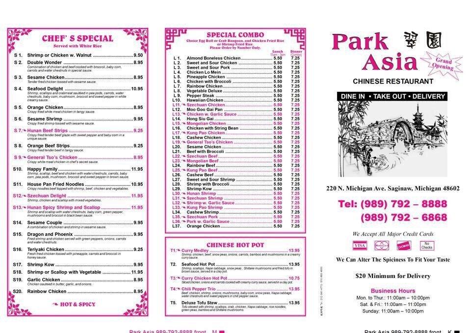 Menu at Park Asia restaurant, Saginaw