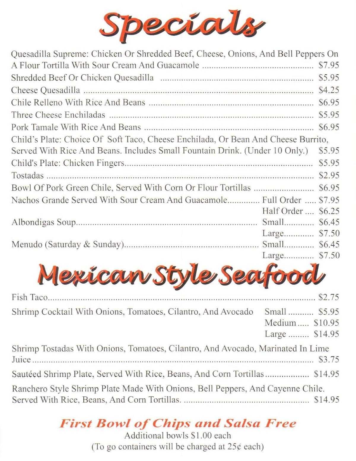 Menu at Romero's Mexican Restaurant, Pahrump