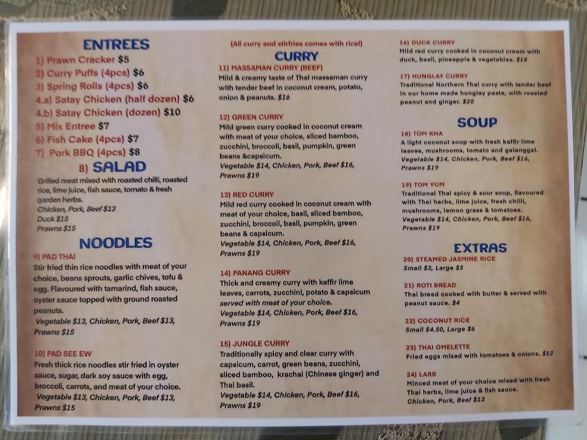 Menu at Thai Bangkok Street Food restaurant, Yorkeys Knob