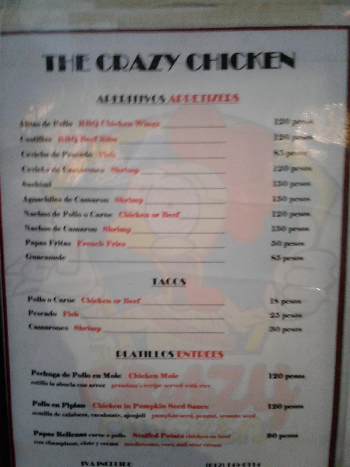 Menu at The Crazy Chicken restaurant, Todos Santos