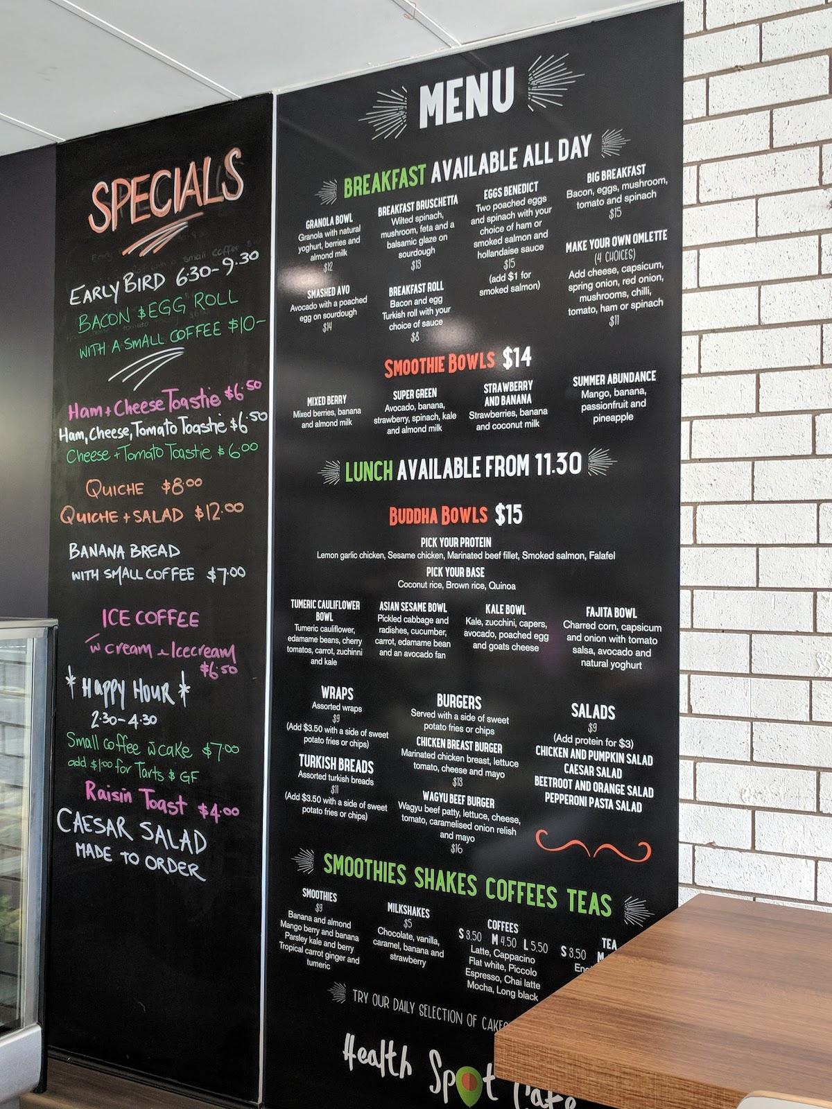 Menu at The Health Spot Cafe, Budgewoi