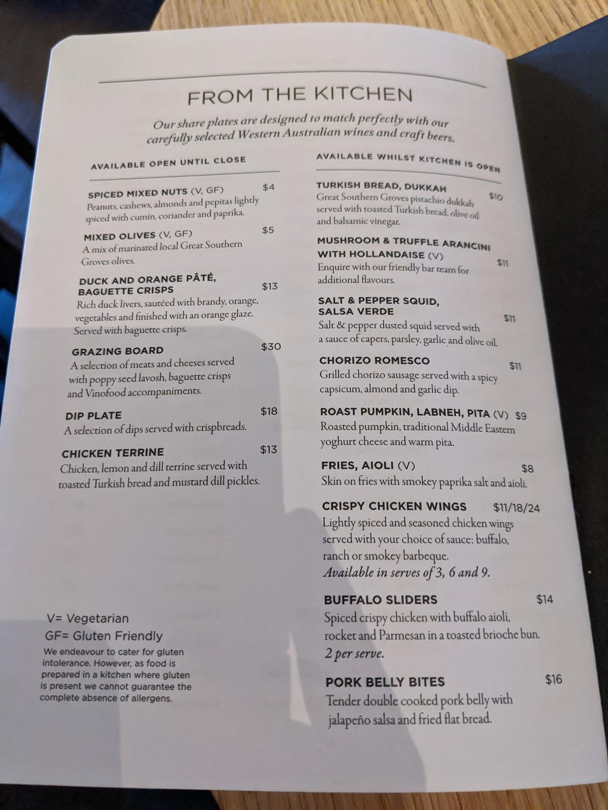 Menu at The Temperance Bar, Northam